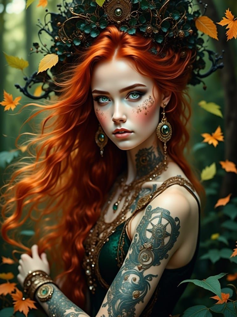 punk goth maiden with long wavy auburn hair…