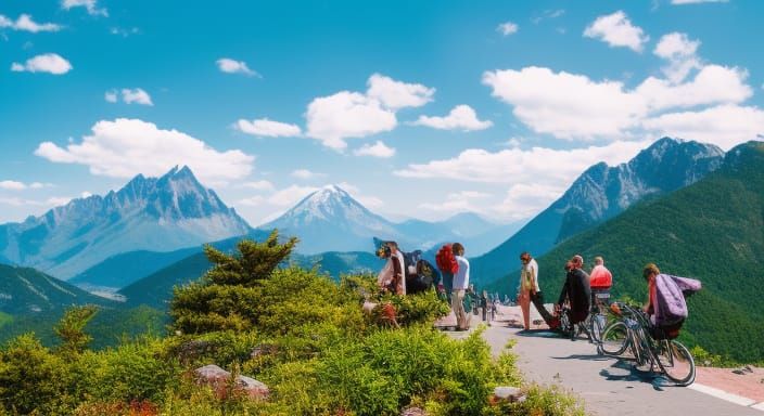 Mountain view with many tourists, increase the contrast of the image ...