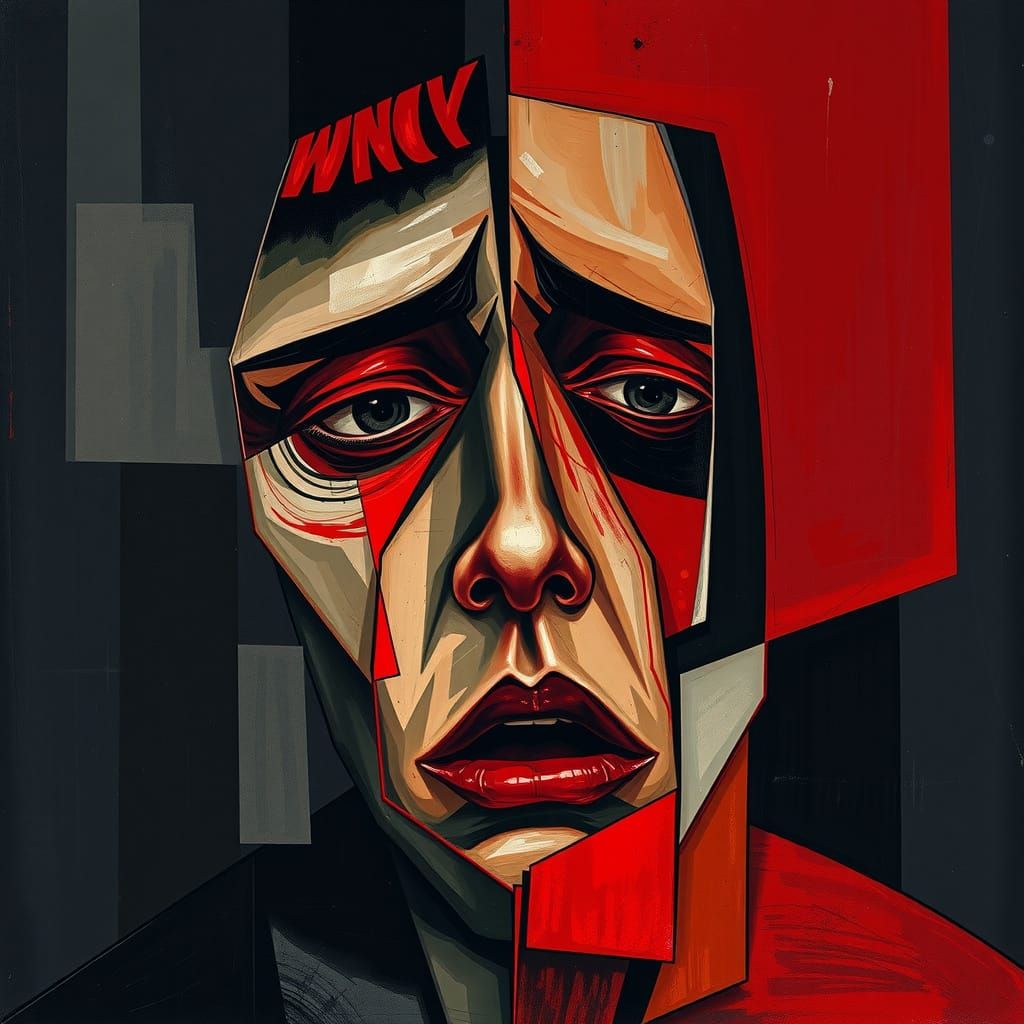 Tears - Distorted Portrait in Cubist Style with Dramatic Ba...