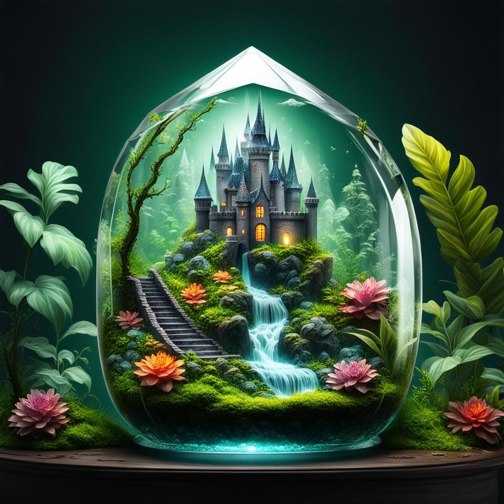 A magical castle in a crystal terrarium bottle - AI Generated Artwork ...