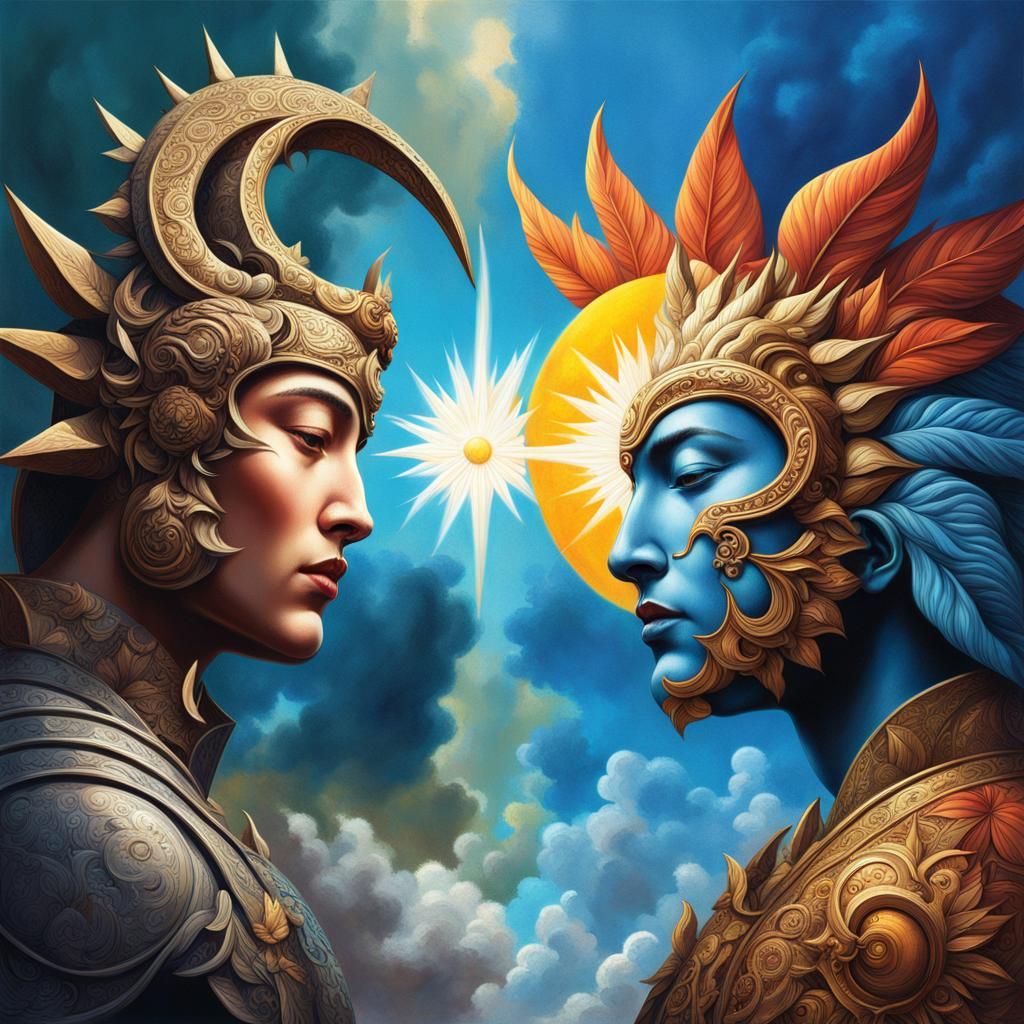Surrealist Paintings of the sun and moon as people fighting - AI ...