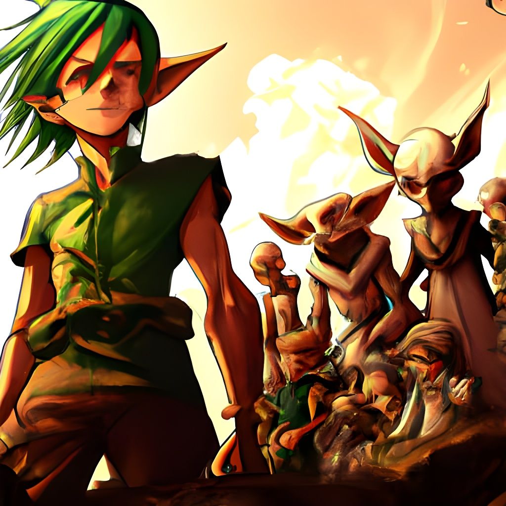 a goblin protagonist, with a saint behind him facing away from him, and ...