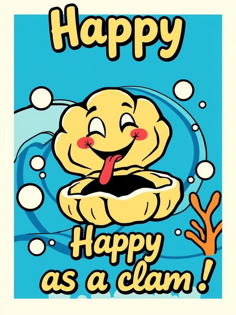 Retro pop art children's poster of a happy little ocean clam, smiling ...