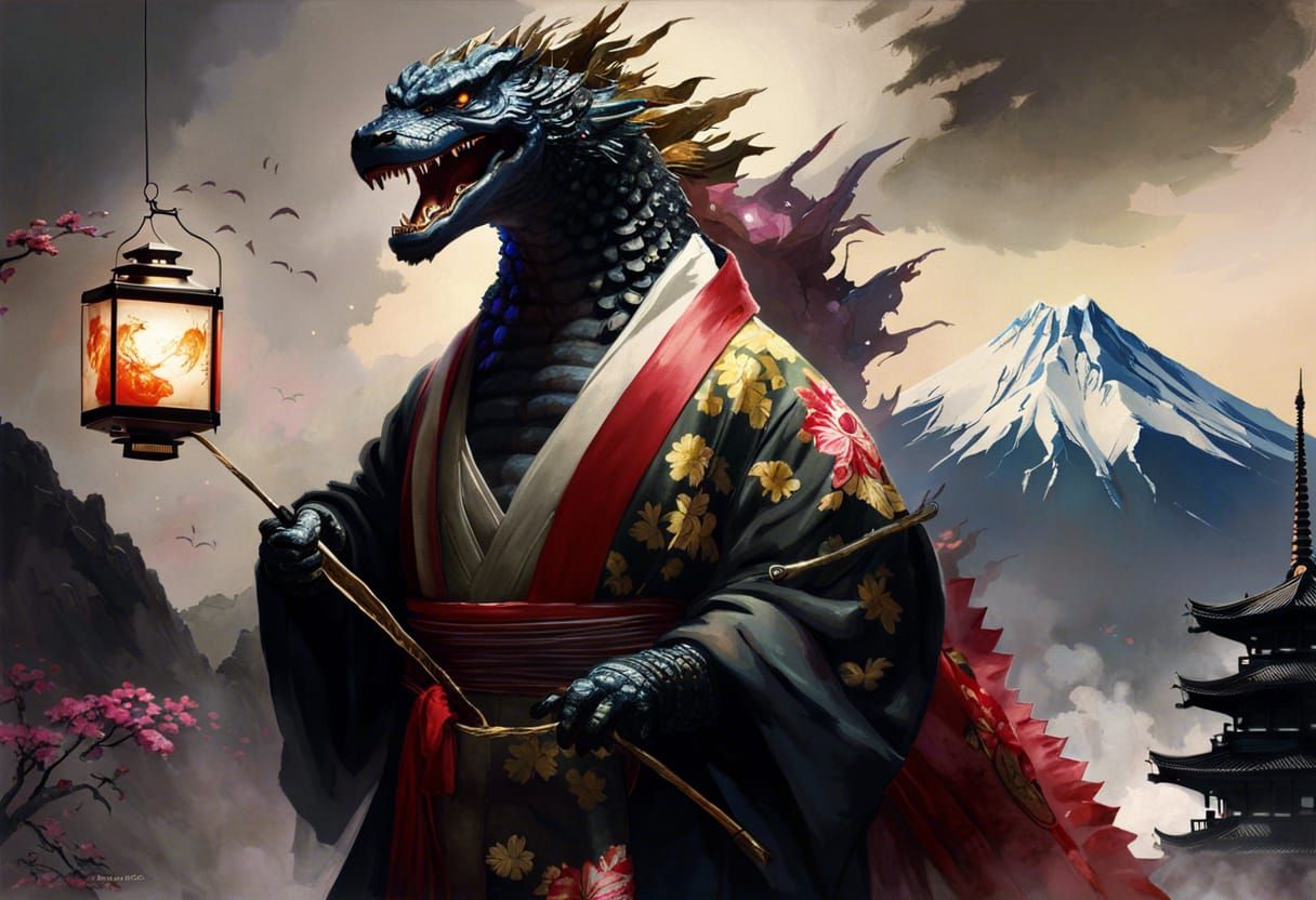 Godzilla wearing a kimono holding a paper lantern Mount Fuji backdrop ...