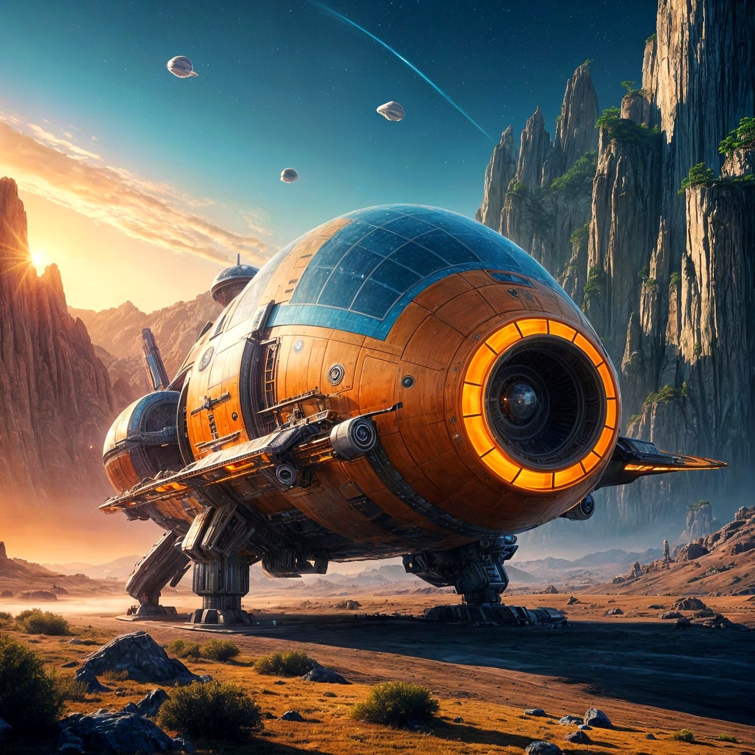 Cylindrical Spaceship Descends on Dazzling Colony ... - AI Art