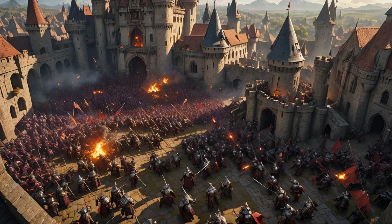 medieval battle scene. there is a great sun of blood everywhere, a ...