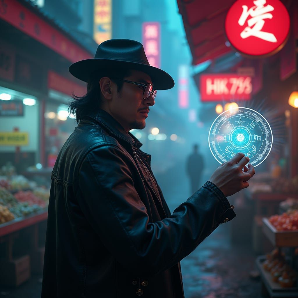 Cyberpunk Indonesian Detective in Neon Market - AI Art