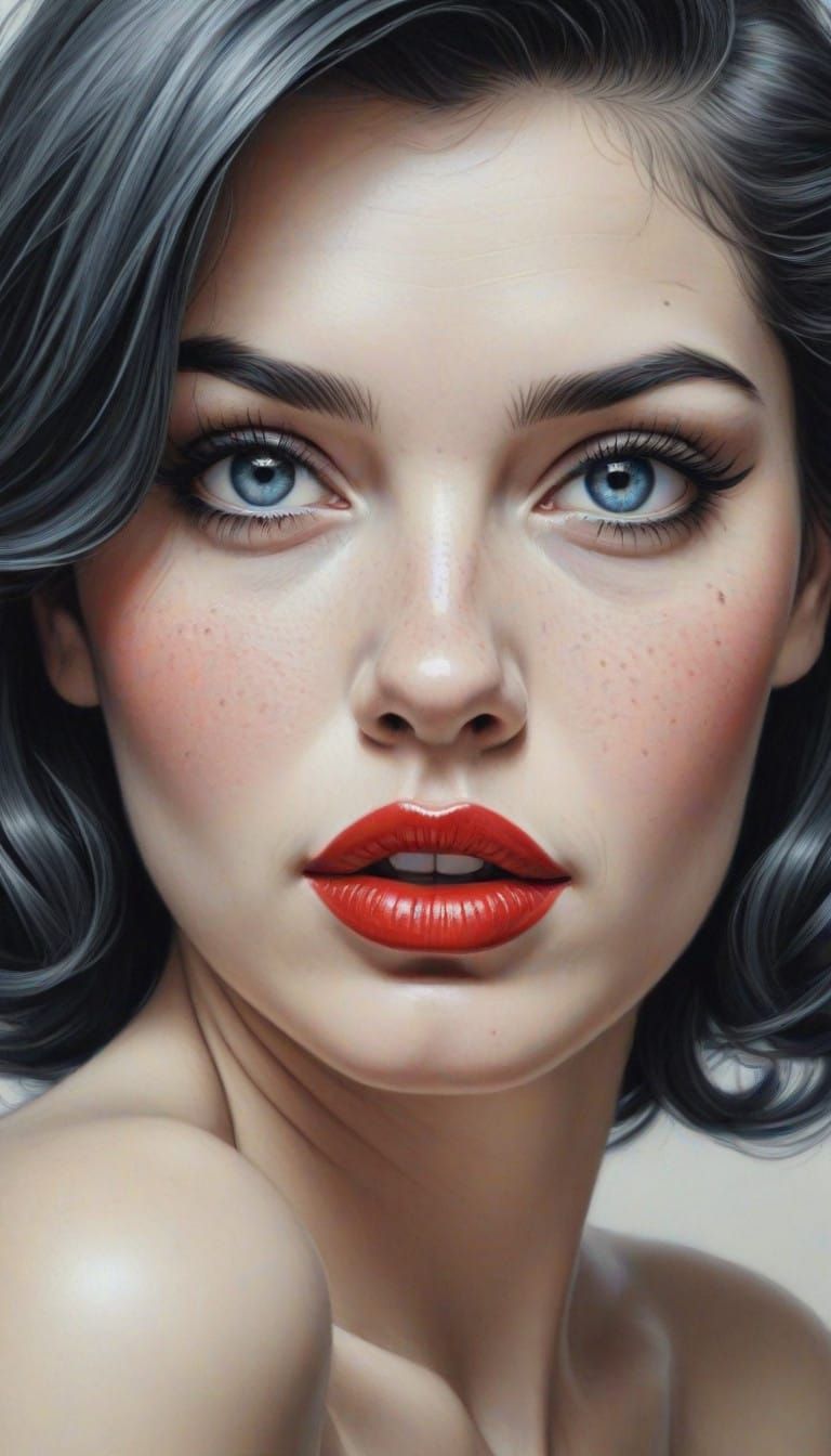 Mujer pin up con cabello rojo ceniza recogido en un rodete, rostro ...