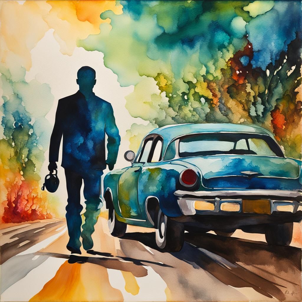 alcohol inks, double exposure: silhouette of a man's head with a car chase inside - AI Generated ...