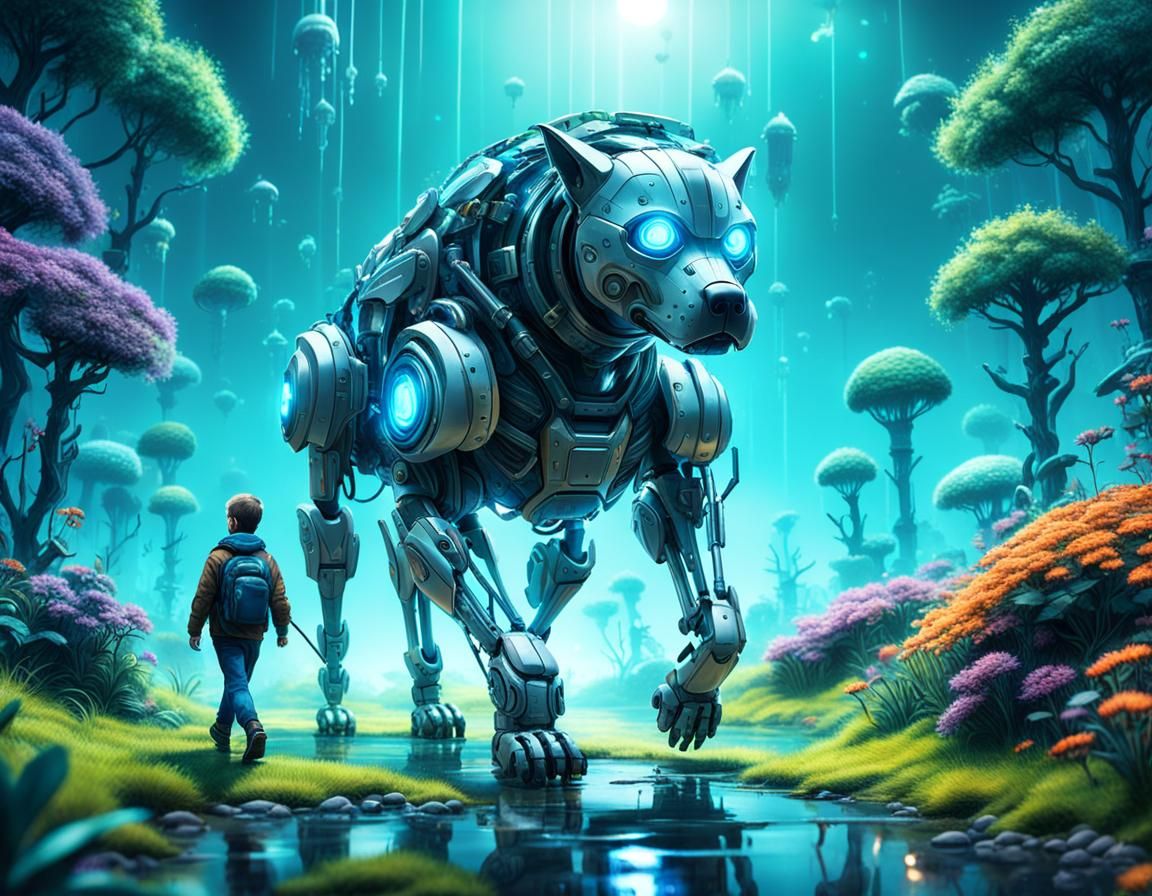 ((a Little Human Boy is seen walking with his Cyborg Dog ...