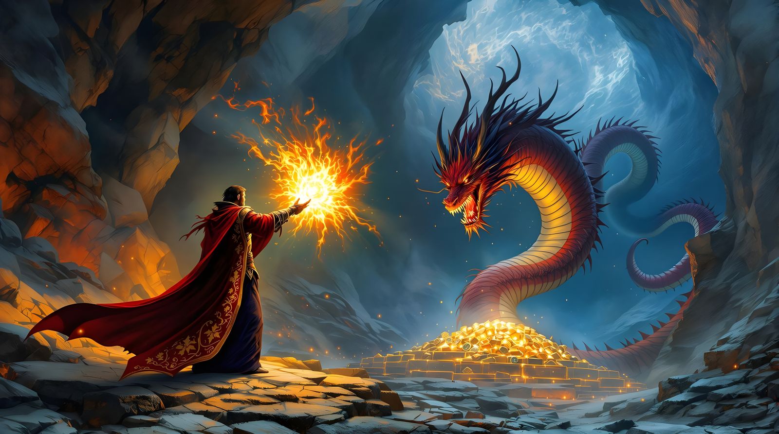 A Sorcerer Casting A Fire Ball Spell On A Red Dragon