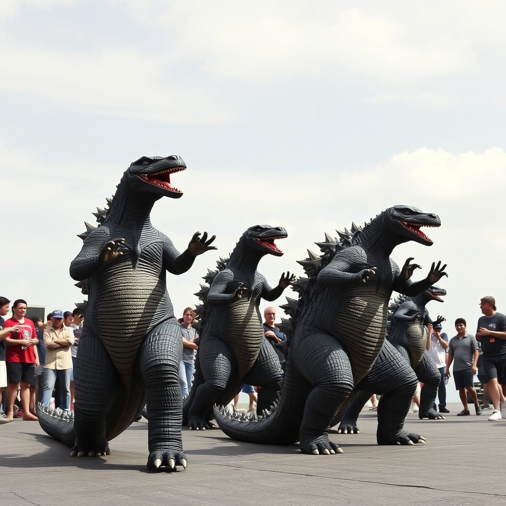 Godzilla Dance Troupe in Vibrant Colorful Style - AI Art