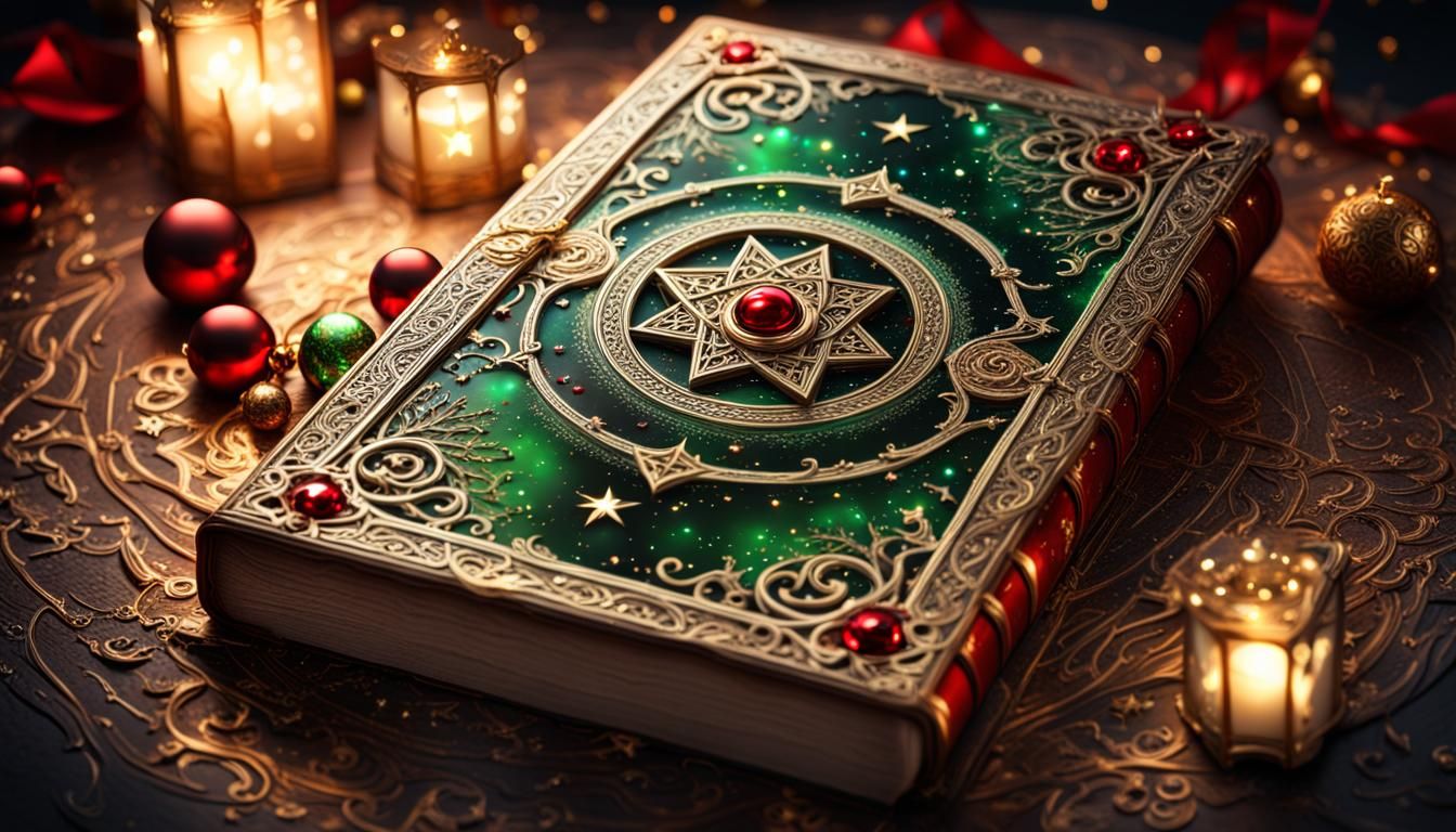 Centered shot of a mythical beautiful epic book with "Naughty or Nice ...