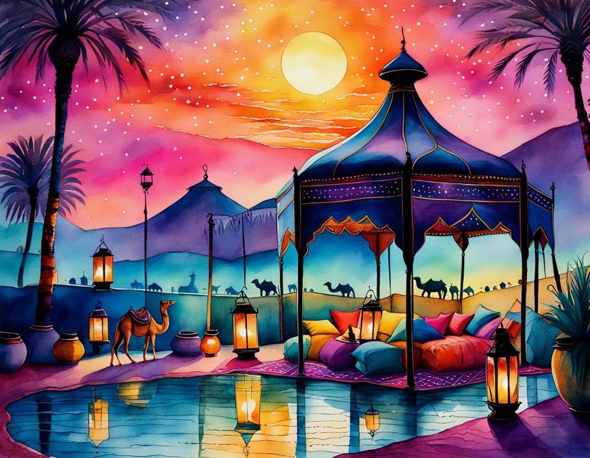 Oasis with lanterns - AI Generated Artwork - NightCafe Creator