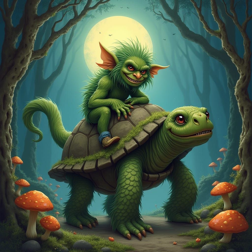 A troll who is riding a turtle - Whimsical Troll Rides Majes...
