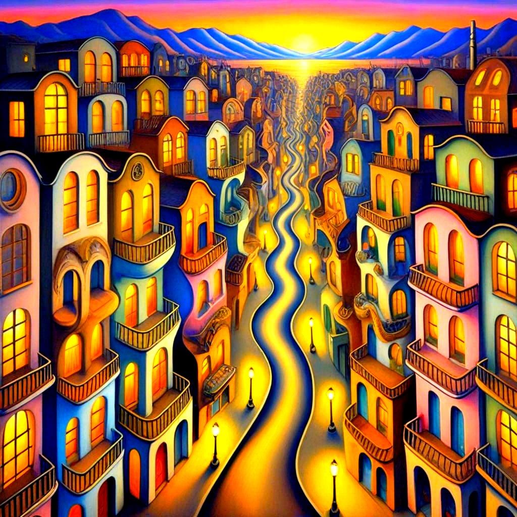 Unique pastel, maximalist, masterpiece, quiet multi-story illuminated ...