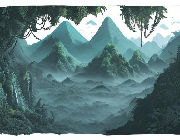 alien mountains with jungle in the foreground analogous colors ink ...
