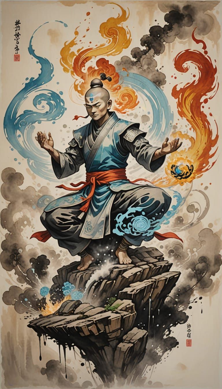 elemental robo-monk - Epic Sumi-e Robo-Monk Meditates Amids...