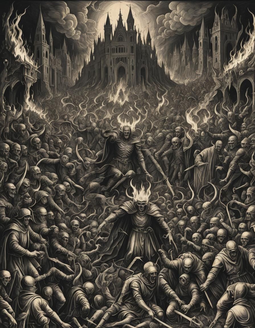 medieval woodcut illustration of hell full of sinners and demons in ...