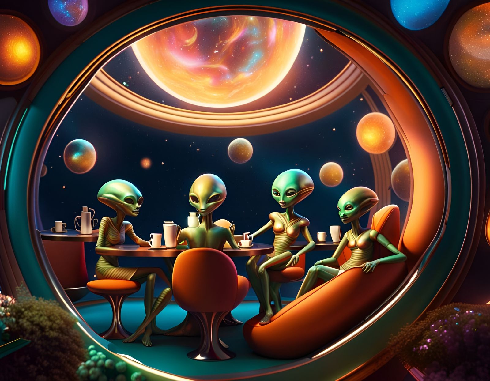Friendly Aliens lounging in a space orb coffee bar - AI Generated ...