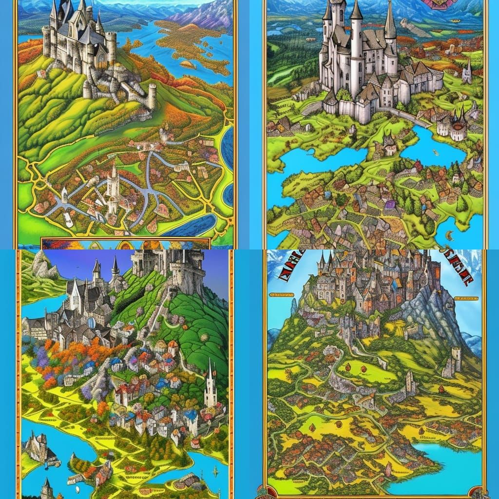 "Colorful Fantasy Medieval Country Map with Castles, Cities, Churches ...