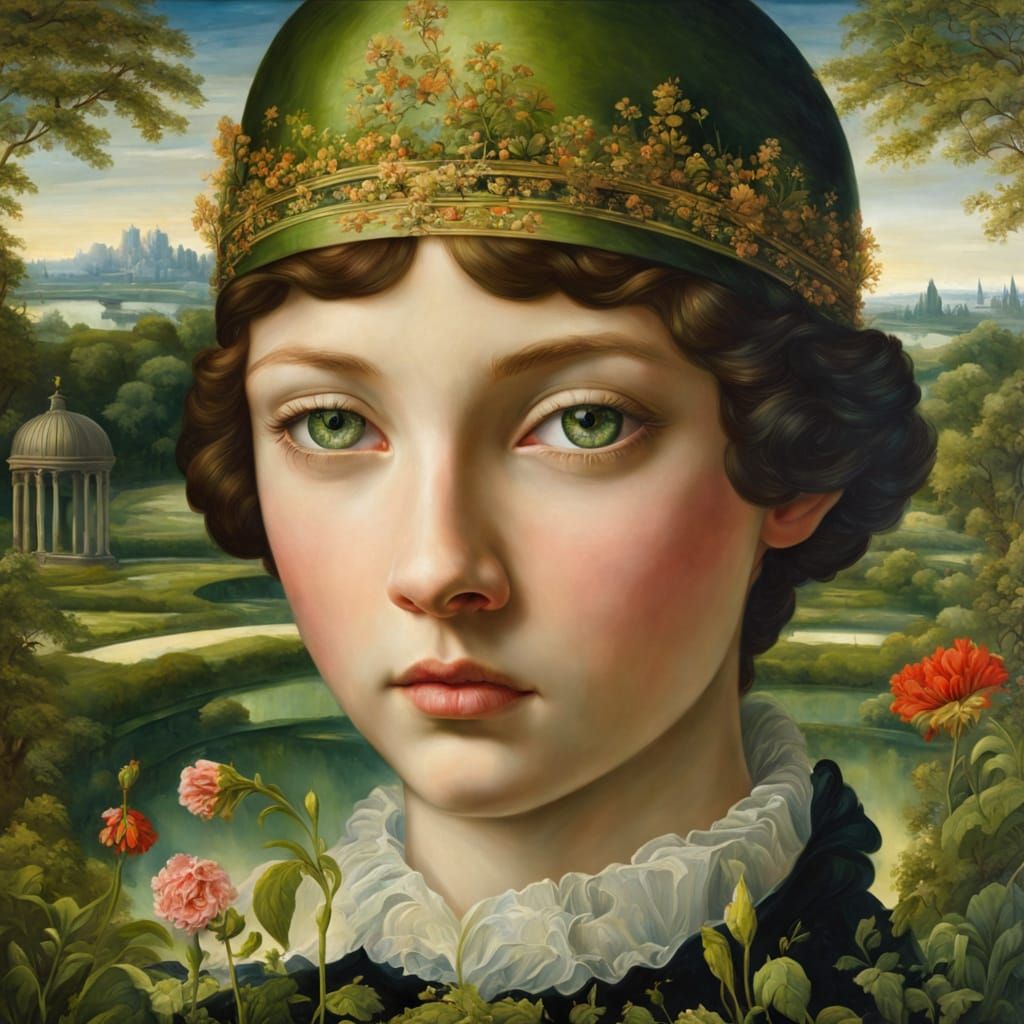 Green Renaissance boy - Renaissance Youth in a Lush Garden S...