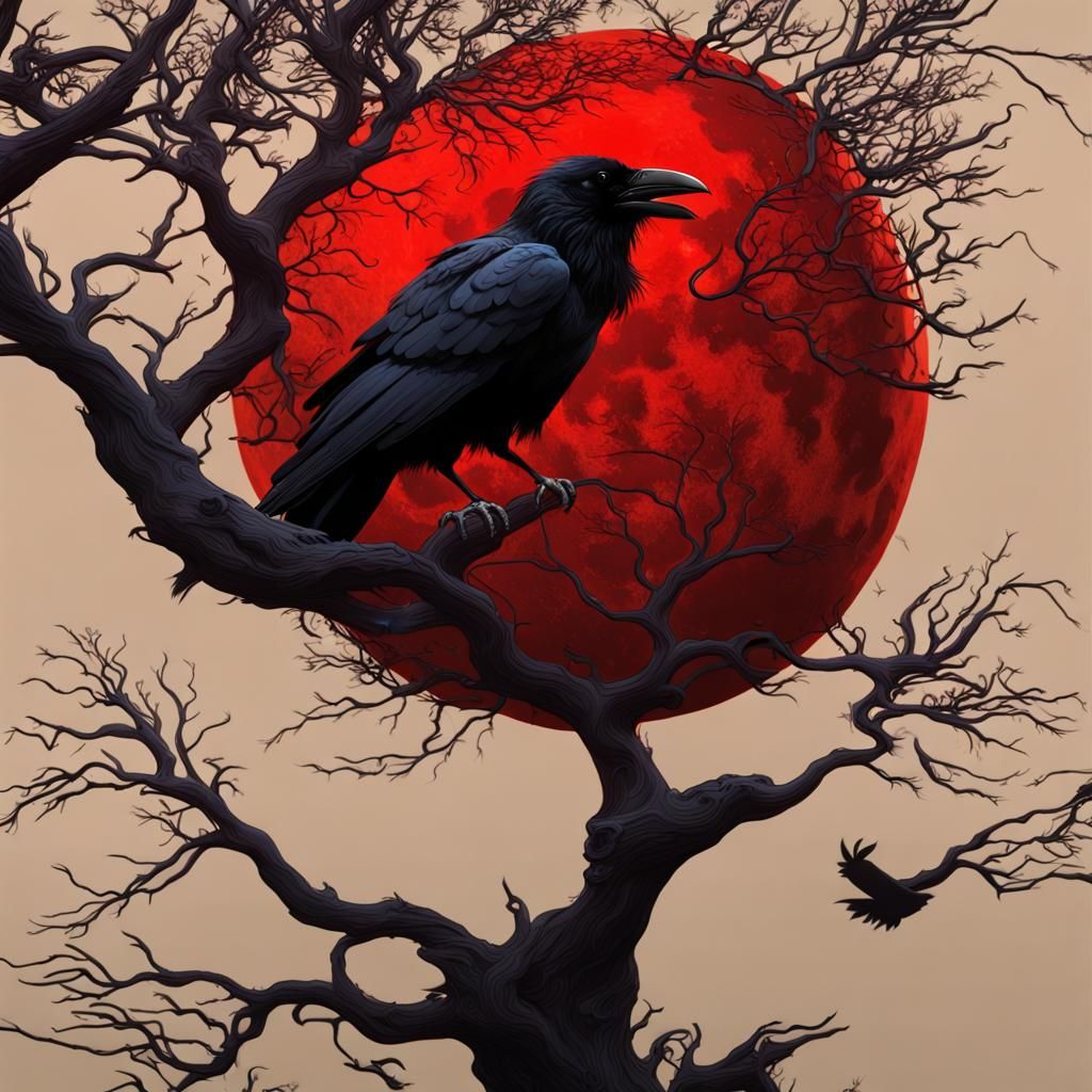 A raven making large nest in spooky tree big red moon in the background ...