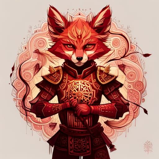 Fluffy Samurai Fox in Red Armor, highly detailed, intricate motifs ...