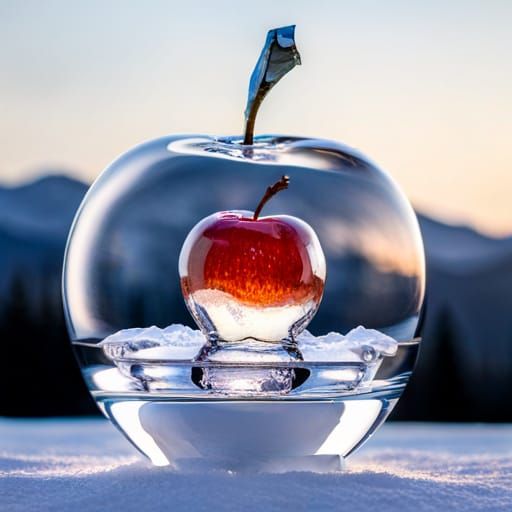 3D ice sculpture of an apple with red apple inside:: detailed intricate ...