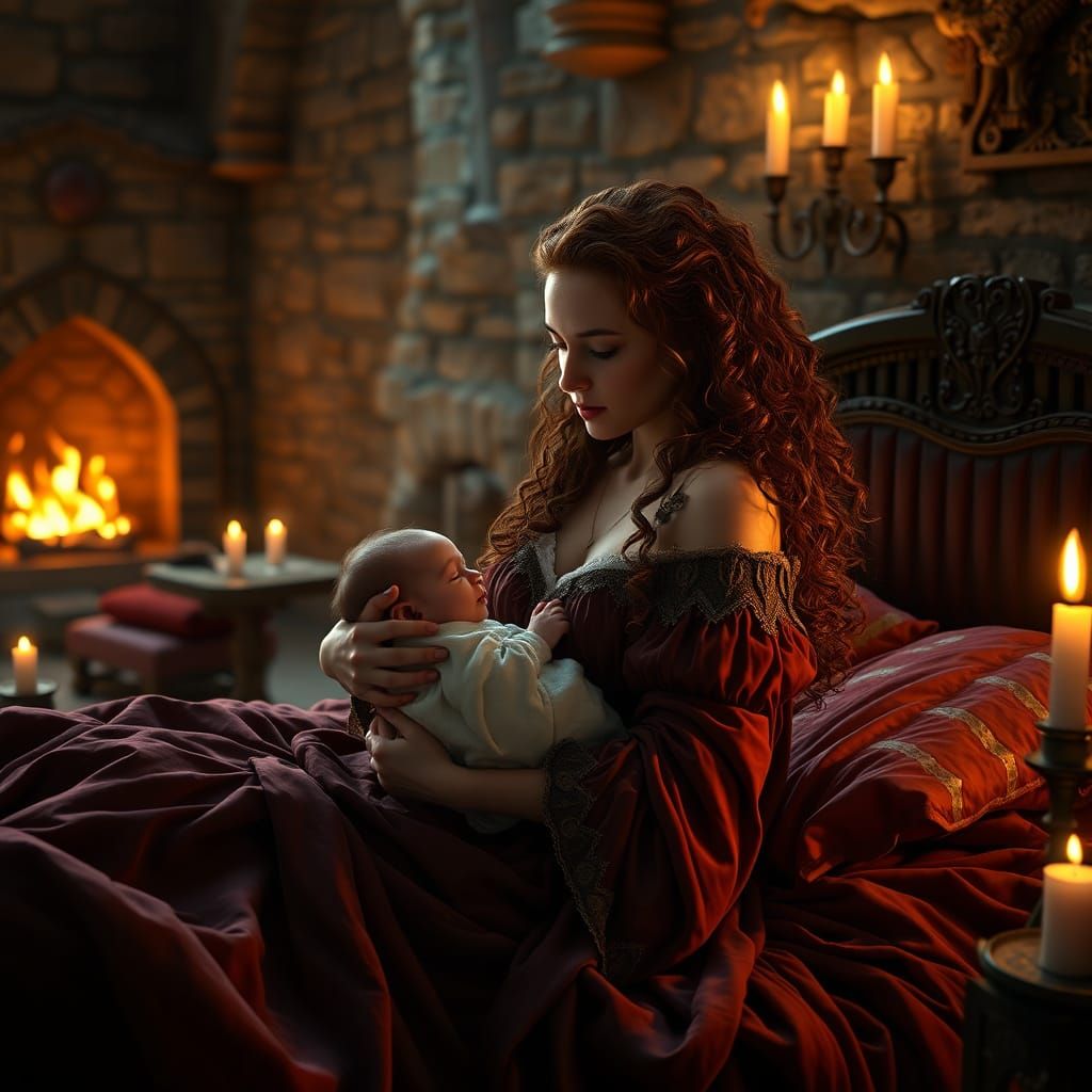 Serene Medieval Mother and Newborn in Candlelit Ca... - AI Art