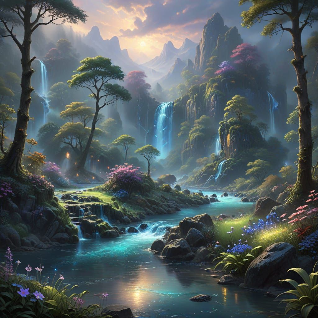 Ethereal Valley Landscape with Bioluminescent Flor... - AI Art
