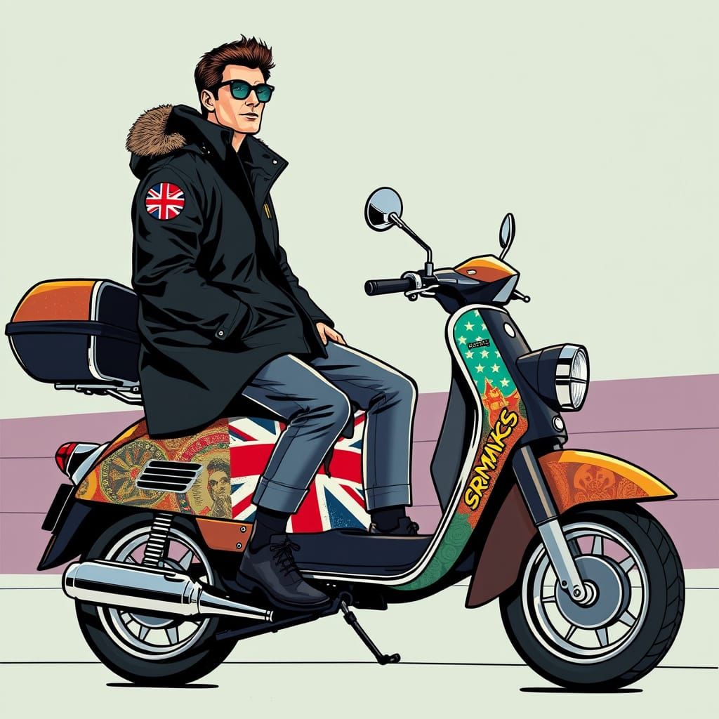 Mod wearing a parka on a mod scooter wrapped in "armatage shanks" artwork