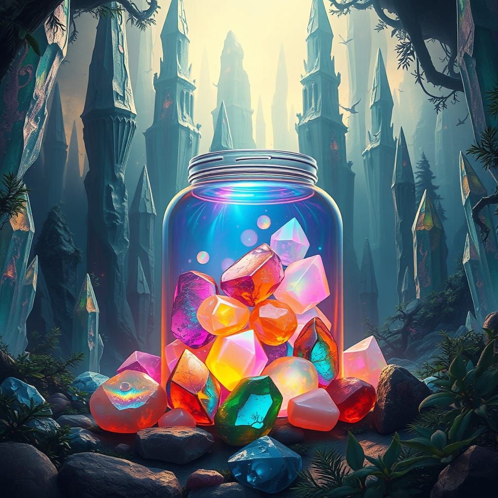 Surreal Crystal Forest Scene with Iridescent Jar a... - AI Art