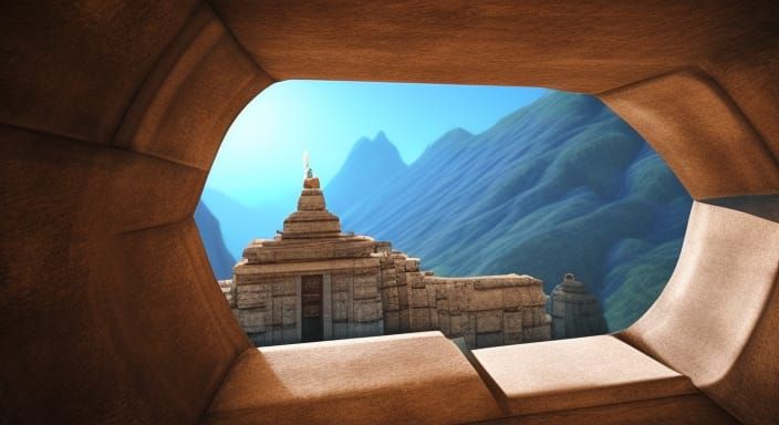 ancient temple high up in the mountains, viewed from inside the temple ...