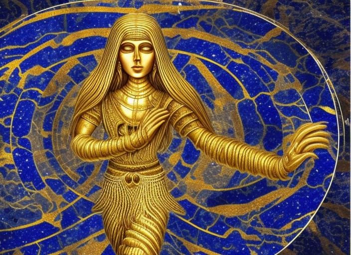 Anunnaki, winged disk, polished marble floor, Gold, Lapis lazuli, very ...