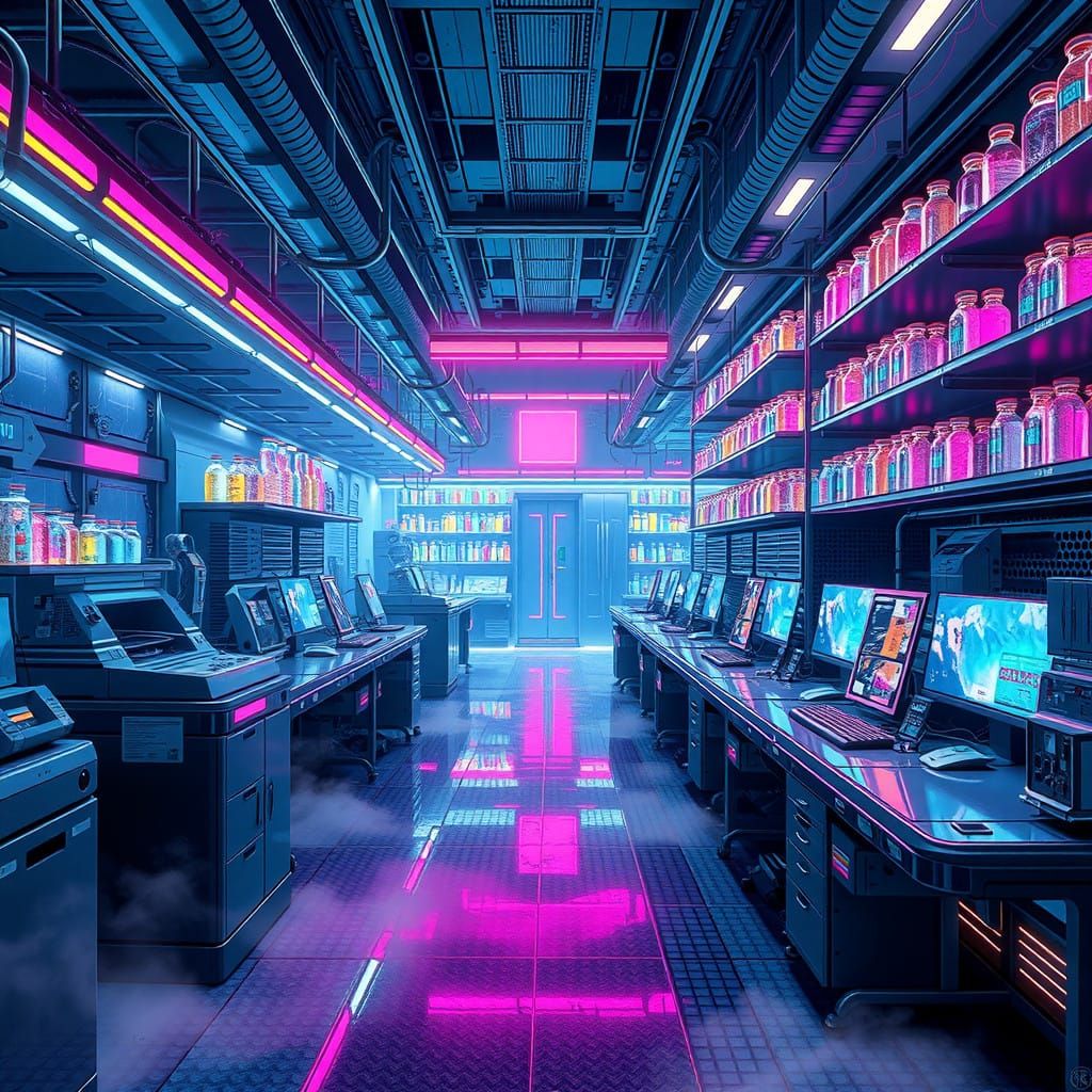 Biochemical : A futuristic, neon-lit laboratory