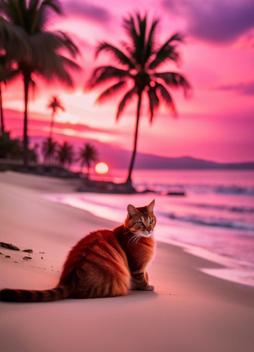 Cat laying down on a secret beach oasis, palm trees on the sides ...