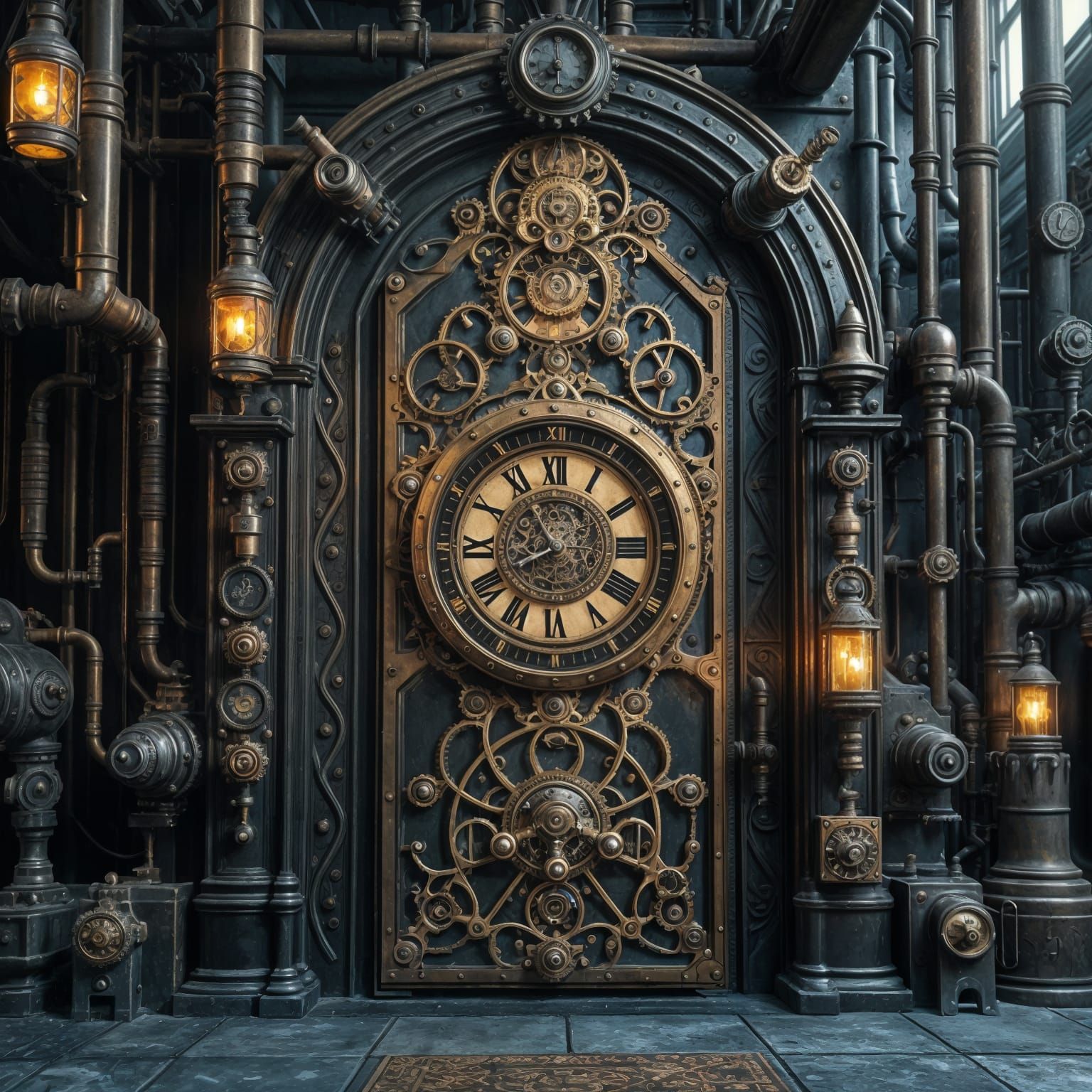 Elegant Steampunk Door with Intricate Clockwork Ge... - AI Art