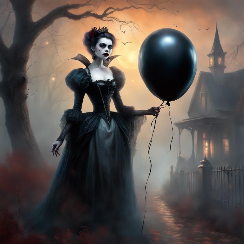 A very ugly Vampire princess holding a black luminous balloon ...