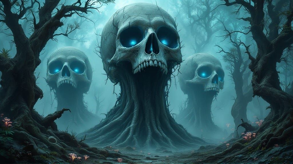 A dense, otherworldly forest where ancient skulls replace tree trunks ...