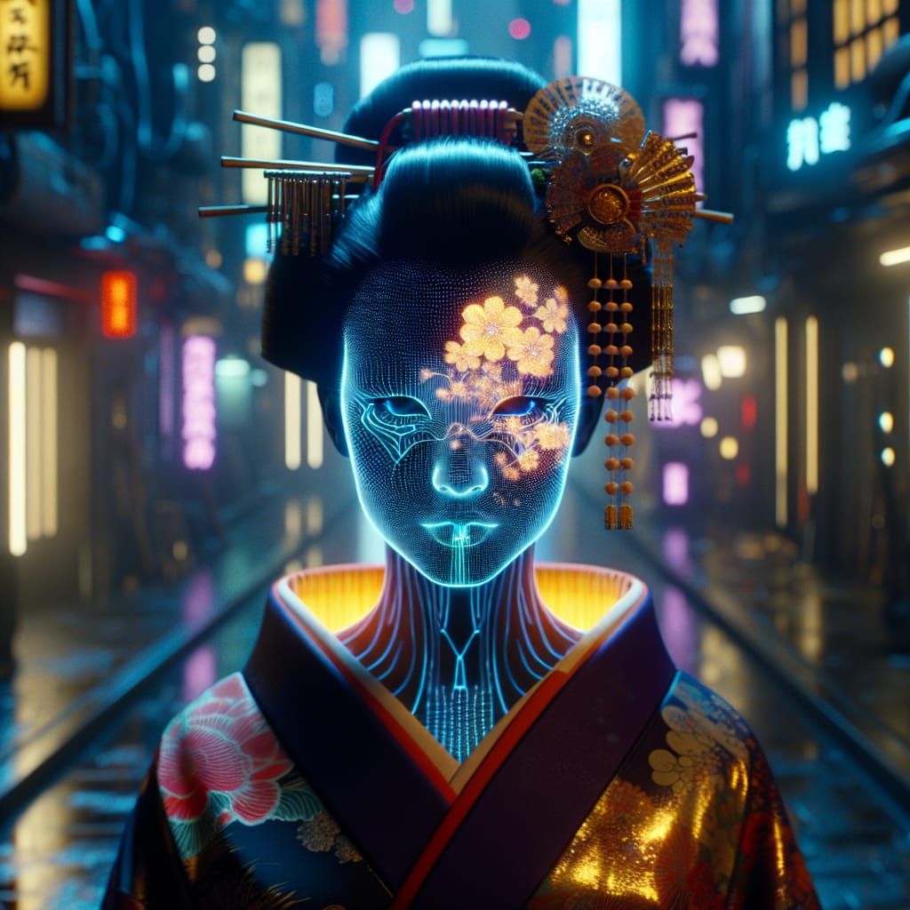 The image is of an android dressed up as a Geisha. The android's face ...