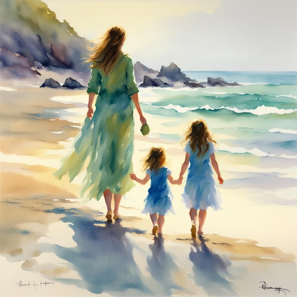 "Mother and daughter at the beach, romantic watercolor painting by ...