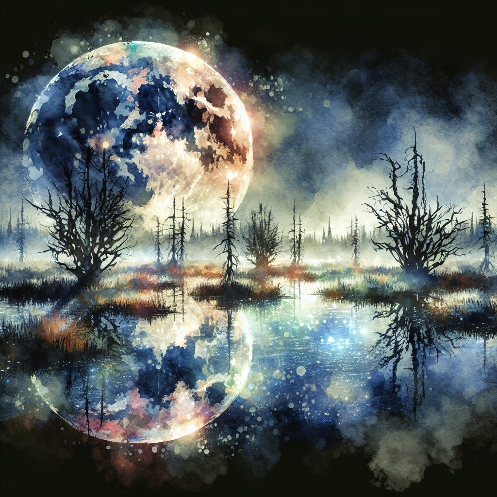 Massive Mother-of-pearl moon - Vibrant Watercolor Moonlit Sc...