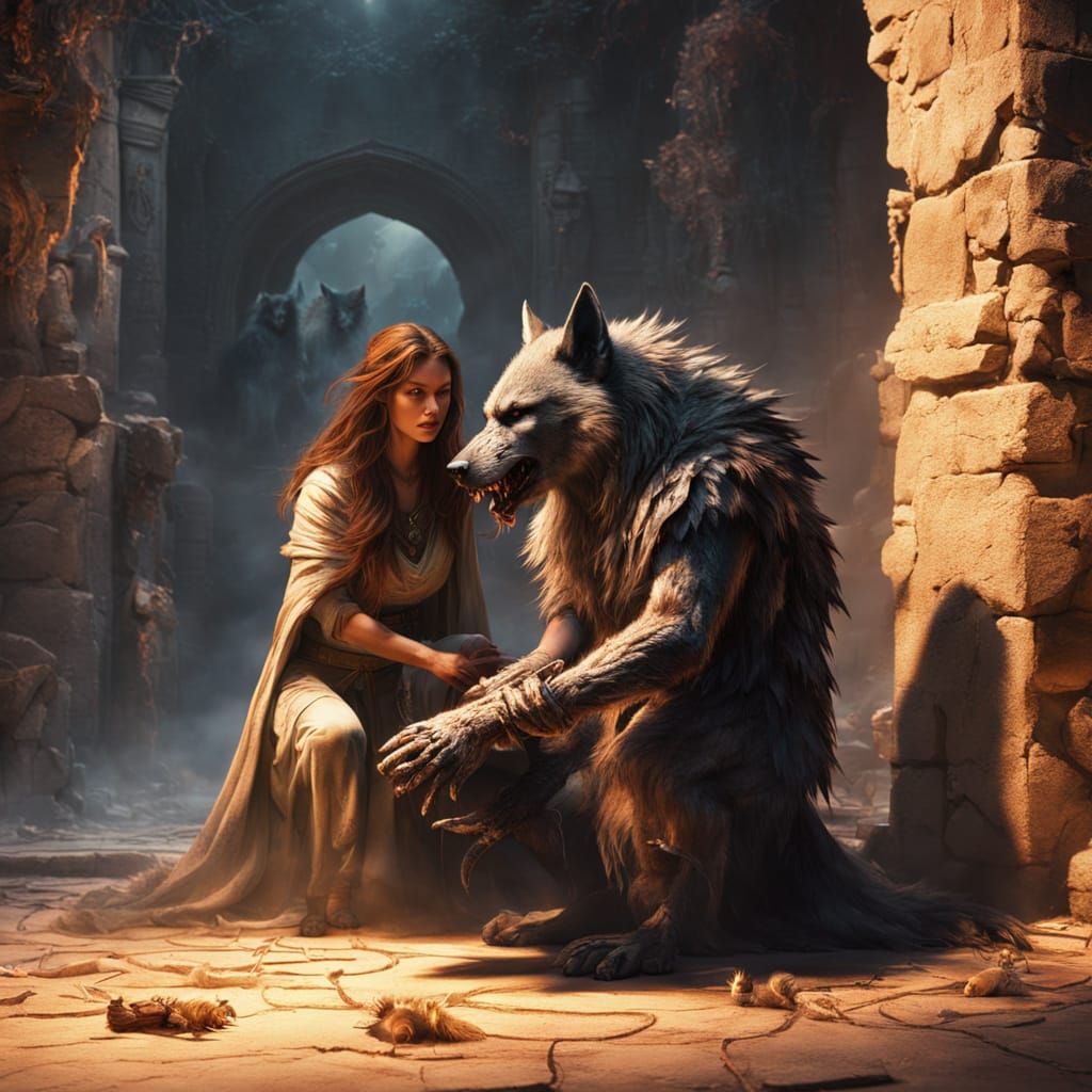 Surreal Scene of Werewolf and Sorceress in Ancient... - AI Art