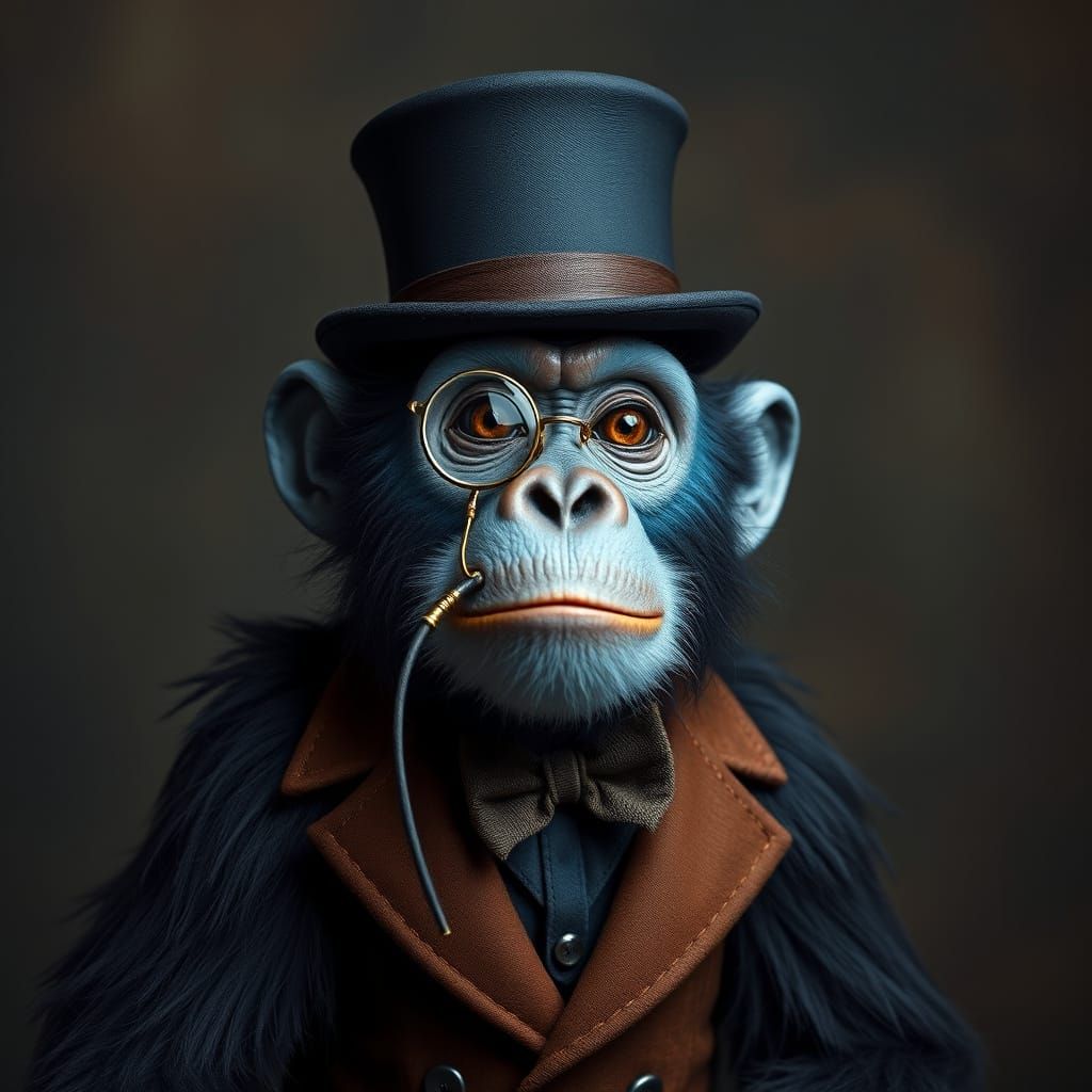 Elegant Blue Monkey in Top Hat and Monocle - AI Art