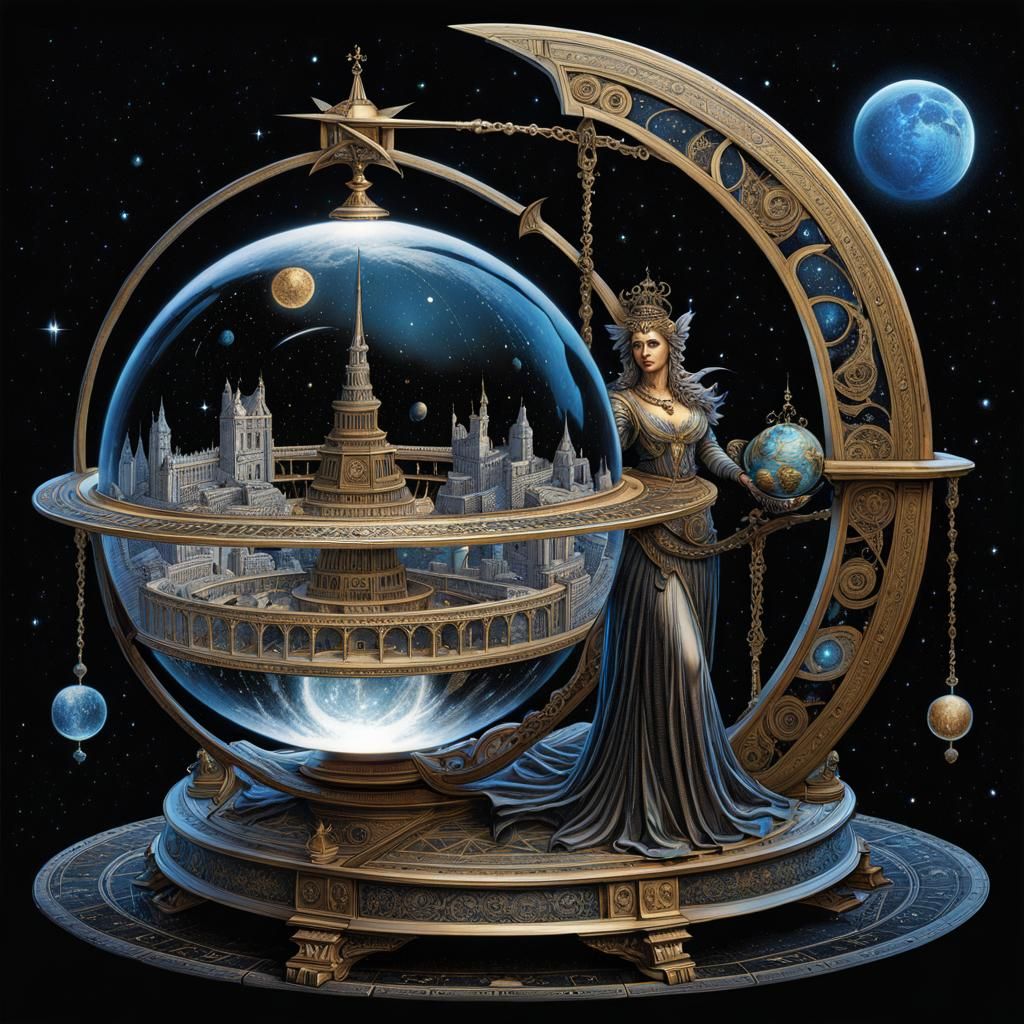 Woman lady Armillary sphere Celestial globe Globe intricately detailed high-resolution, ultra ...