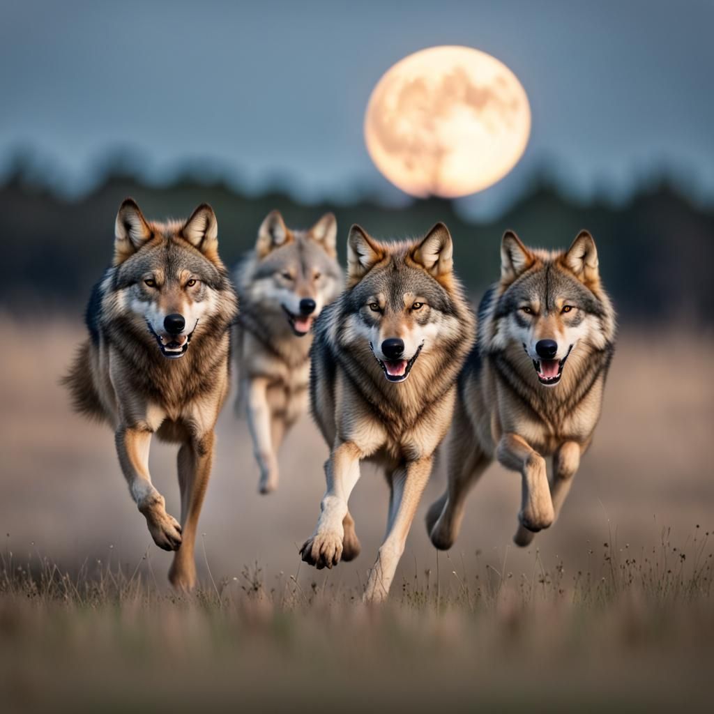 Wolf pack running in an open field with moon - AI Generated Artwork ...