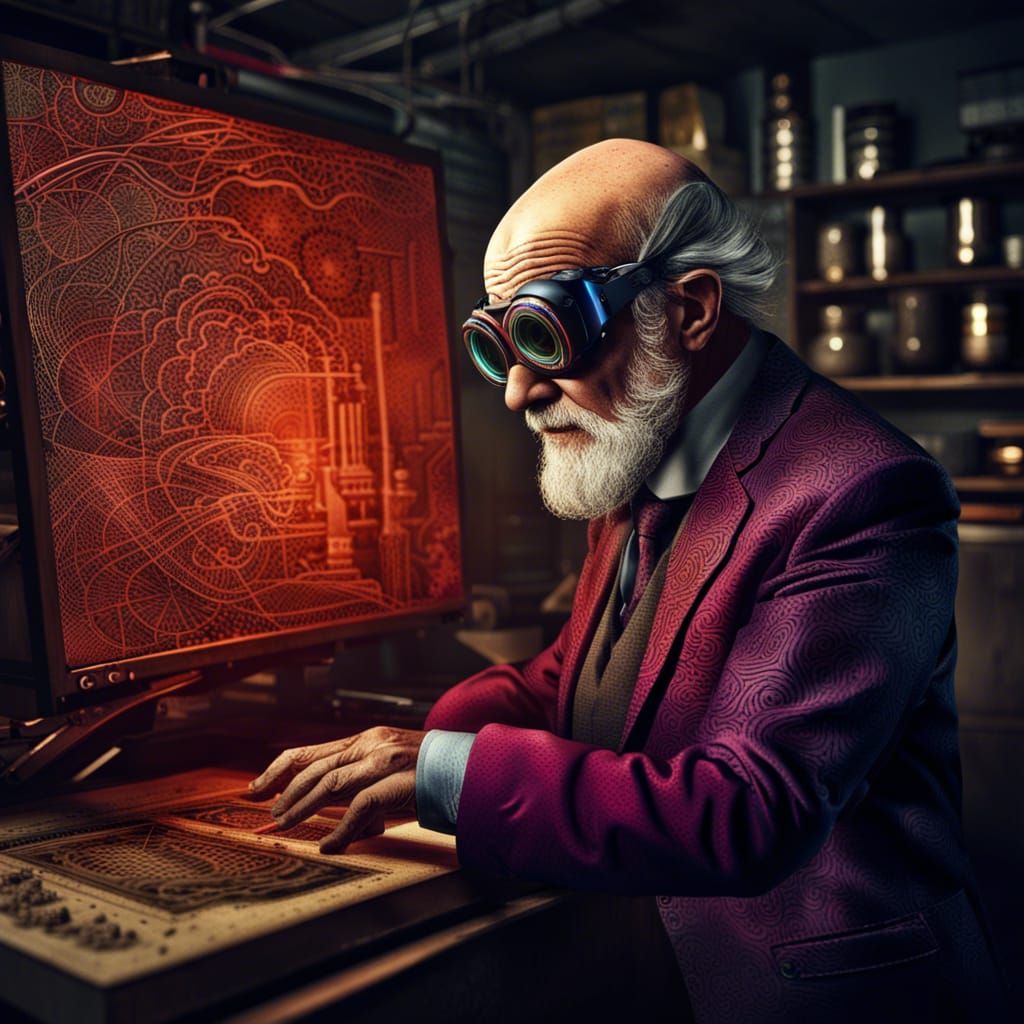 aging and balding man who is a laser engraver wearing laser goggles ...