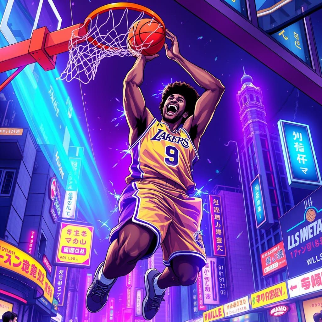 Lakers Basketballer Dunking in Neon-Lit Japanese C... - AI Art