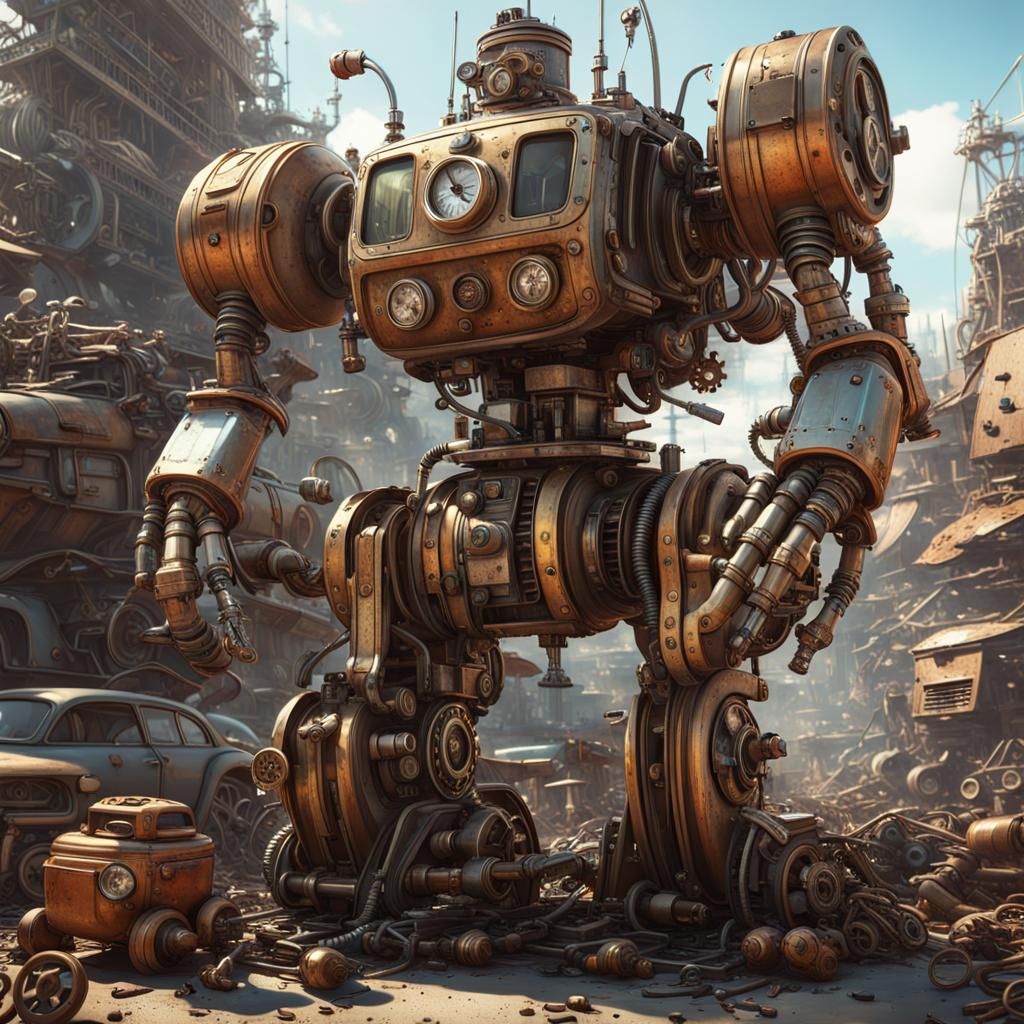 A gigantic steampunk robot (lot of gear wheelæs and pipes) Cleaning up ...